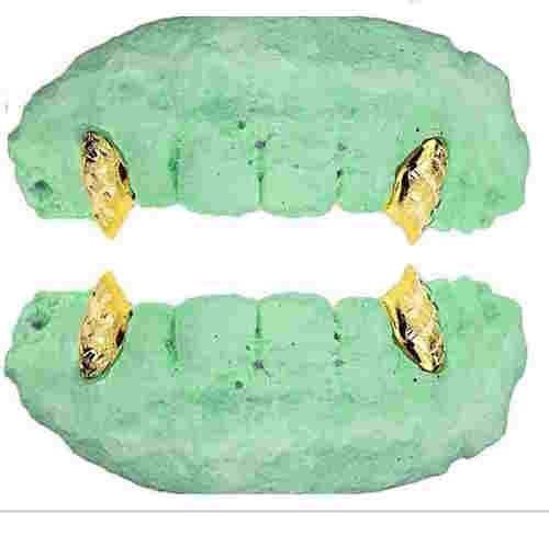 [Custom][X2] 18K Gold Diamond Dust Vampire Fang Grillz – Rhino Grillz