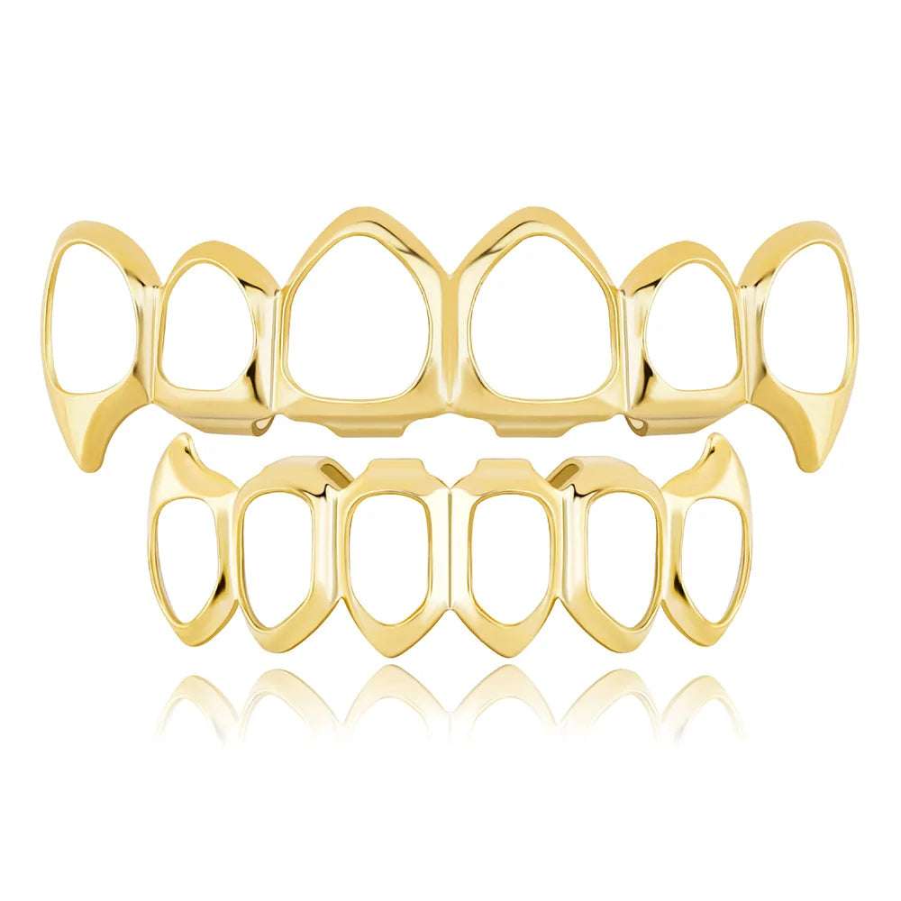 [Top and Bottom] Gull 6/6 Open Face Gold Fang Grillz – Rhino Grillz