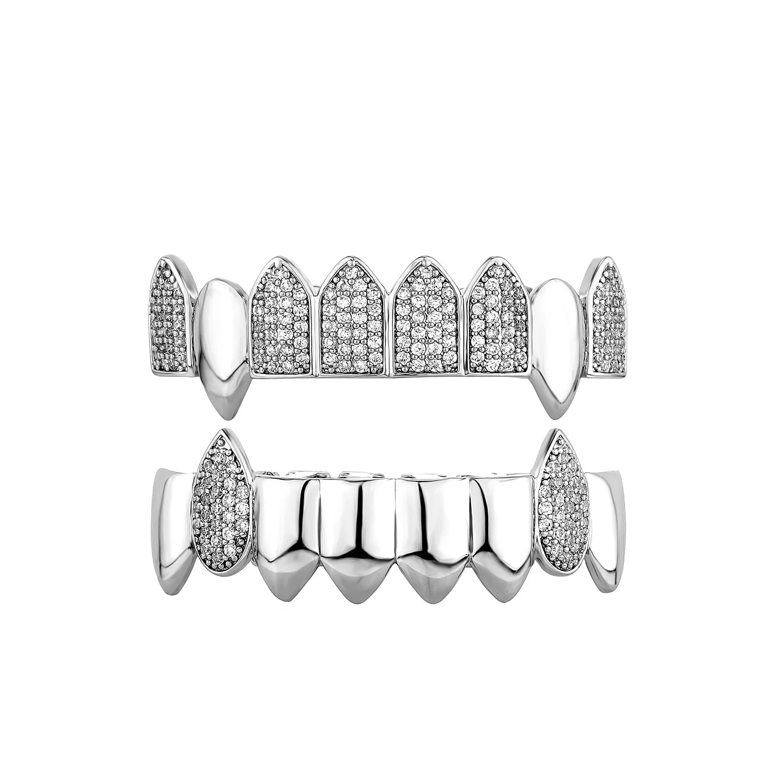 [Top and Bottom] Silver Deep Cut Iced Out Fang Grillz – Rhino Grillz