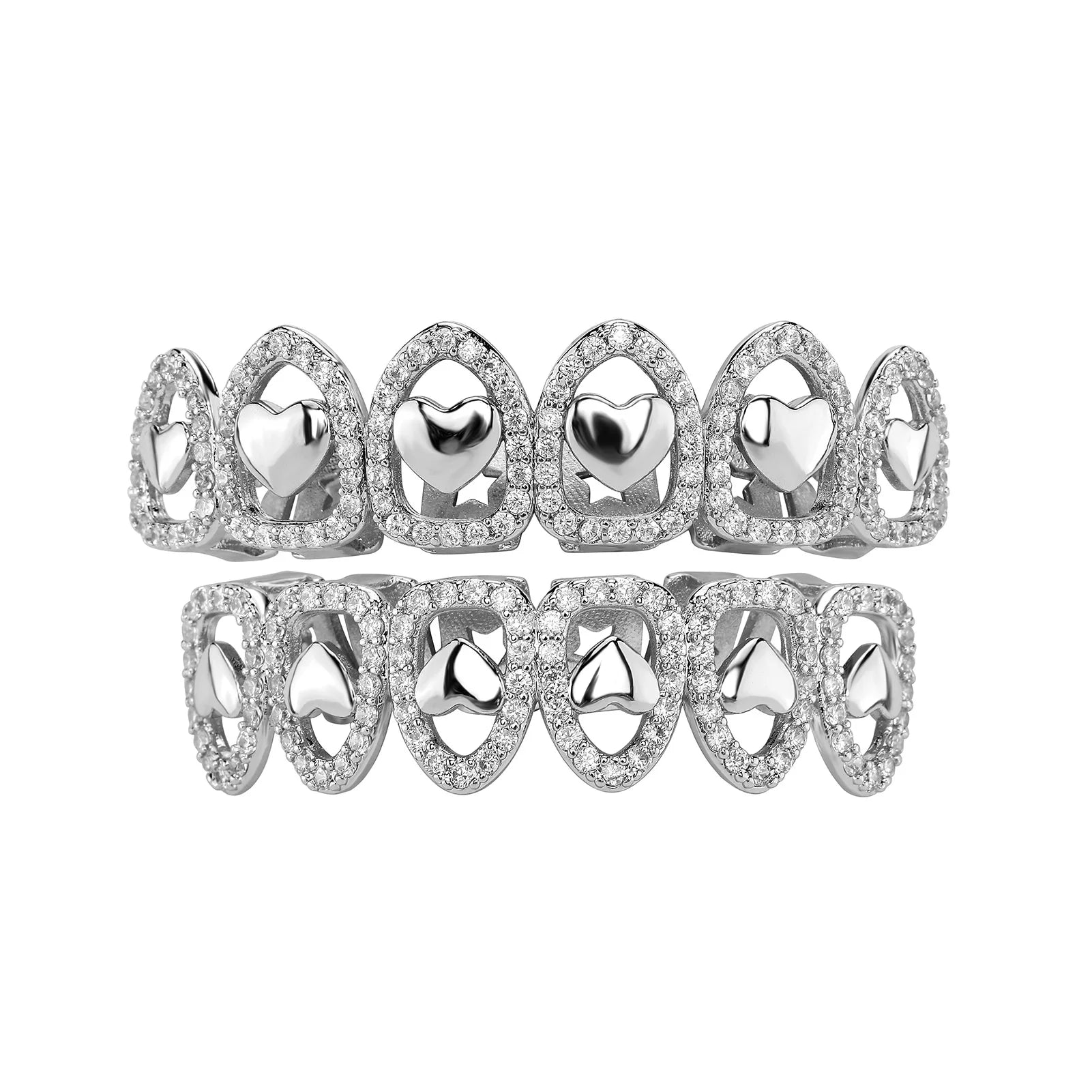 [Top and Bottom] Silver Iced Out Open Face Grillz – Rhino Grillz