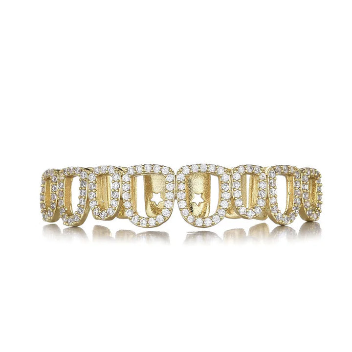 [Top and Bottom] Gold Iced Out Hollow Grillz – Rhino Grillz