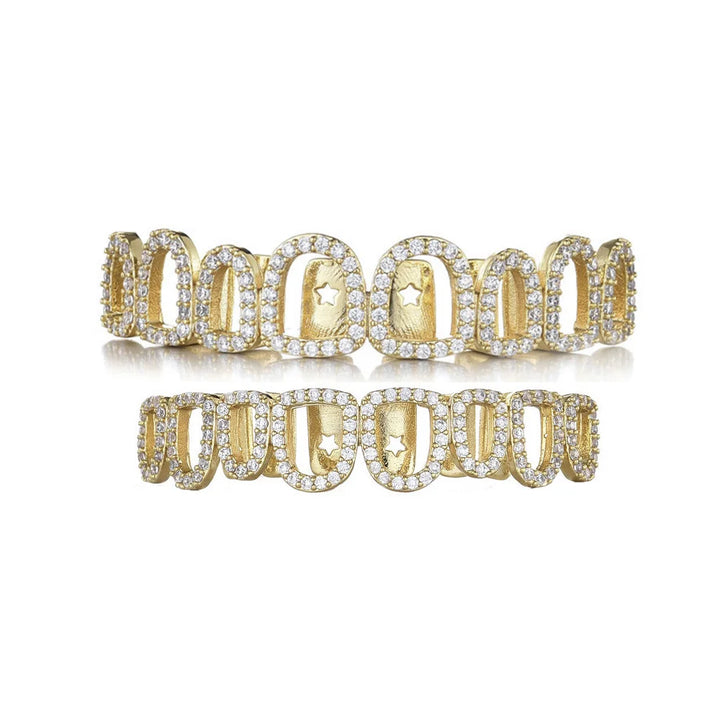 [Top and Bottom] Gold Iced Out Hollow Grillz – Rhino Grillz