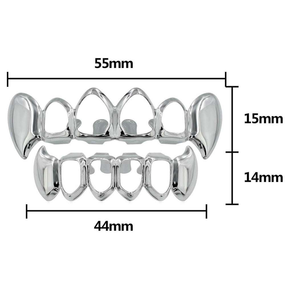 Silver Open Face Grillz Fangs [Top And Bottom] – Rhino Grillz