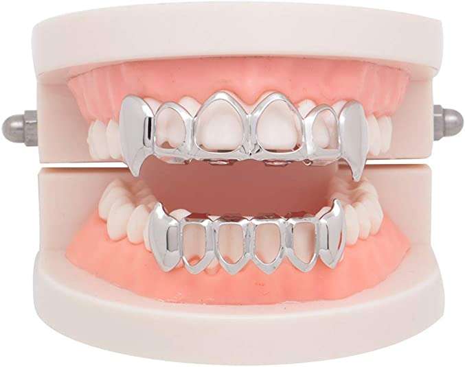 Silver Open Face Grillz Fangs [Top And Bottom] – Rhino Grillz