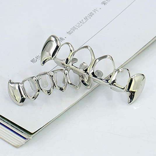 Silver Open Face Grillz Fangs [Top And Bottom] – Rhino Grillz